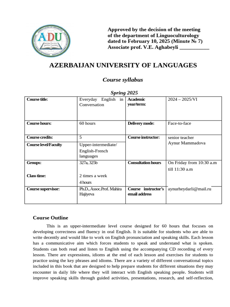 Everyday English Conversation Syllabus | PDF | Course Evaluation | Learning