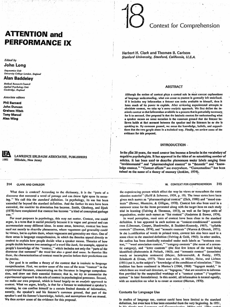 1981 Context For Comprehension - Clark, H.H. & Carlson, T.B. | PDF ...