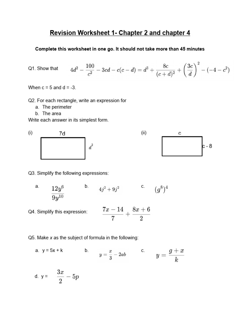 Revision Worksheet 1 - CH 2 and 4 | PDF