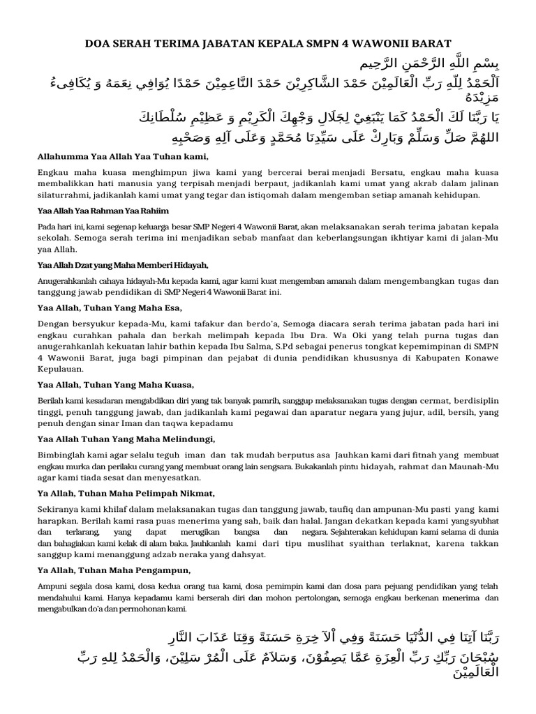 Doa Serah Terima Jabatan Kepala SMPN 4 Wawonii Barat | PDF