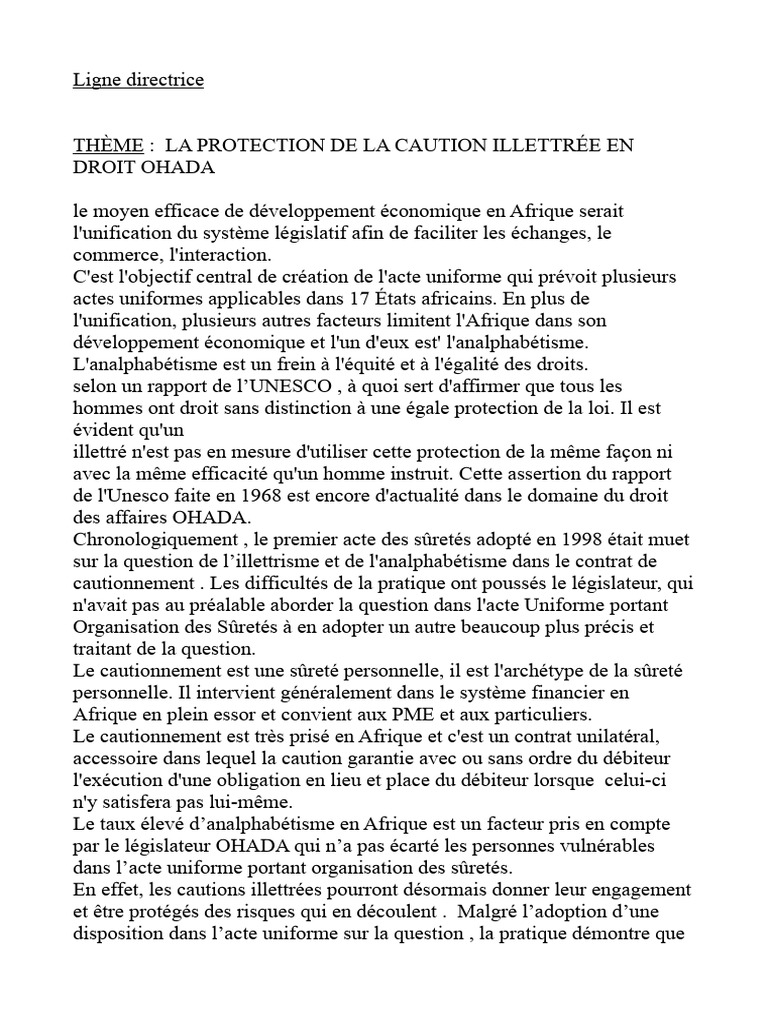 Protection des cautions illettrées en OHADA | PDF | Cautionnement ...