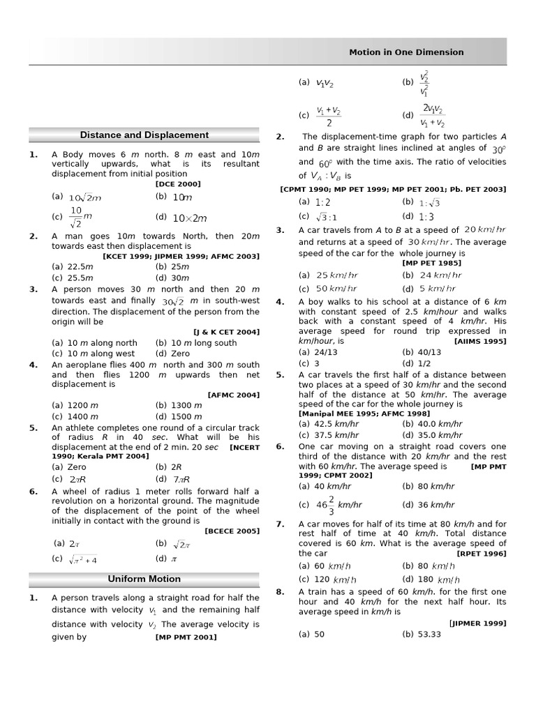 Motion in 1-D Ques | PDF | Acceleration | Velocity