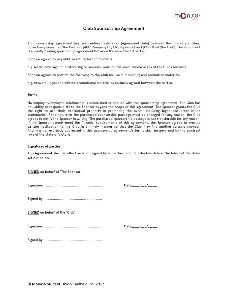 Club - Sponsorship Agreement Template | PDF