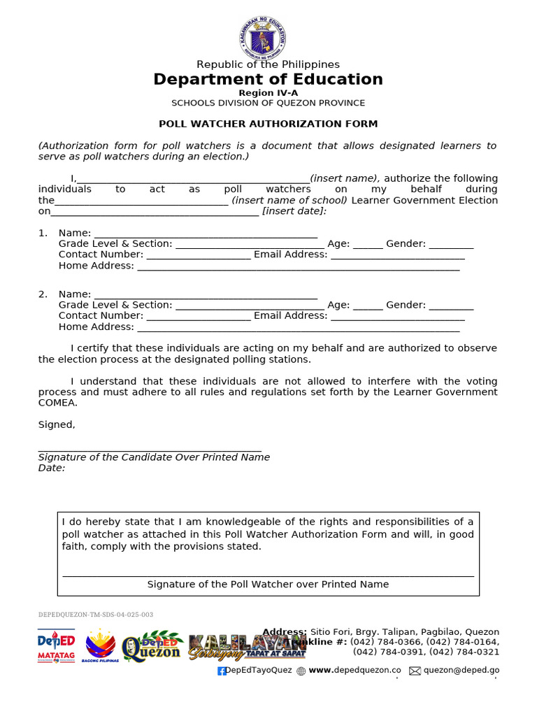 Poll Watcher Authorization Form | PDF | Elections | Group Decision Making