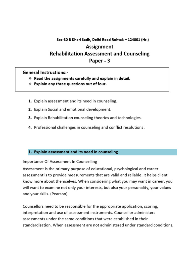 Paper - 3 (Rehabilitation Assessment and Counseling) | PDF ...