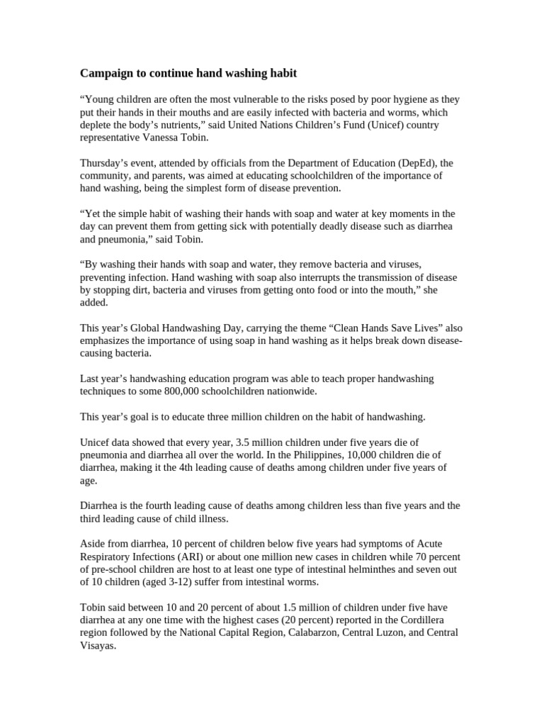 Campaign to Continue Hand Washing Habit | PDF | Hand Washing | Diarrhea