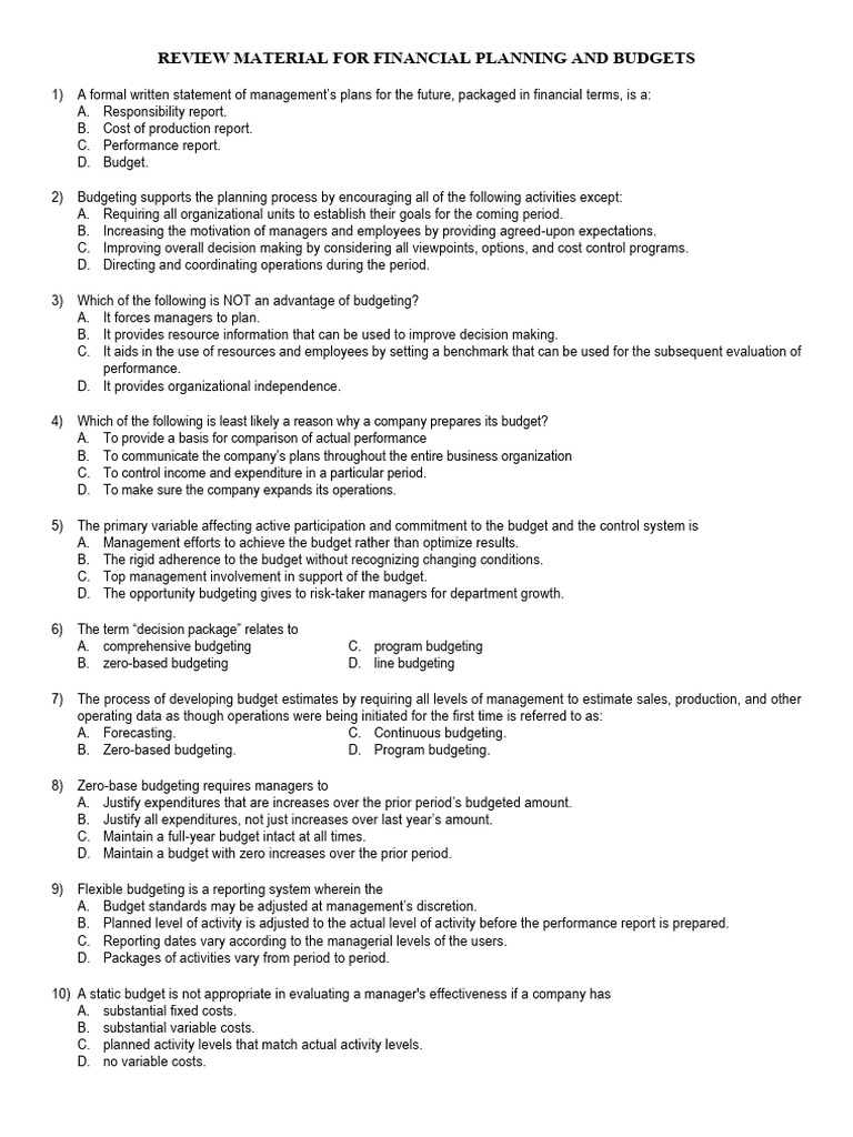 Review Material For Financial Planning and Budgets | PDF | Budget ...