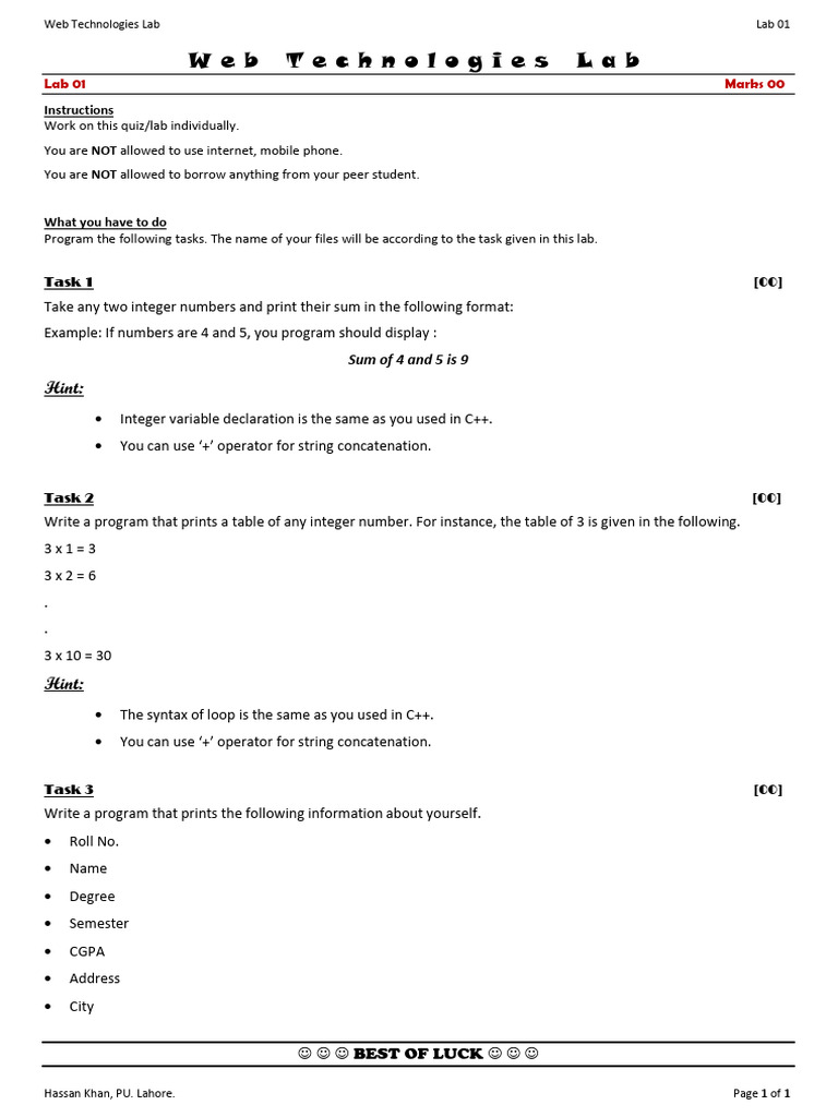 Web Technologies Lab Programming Tasks | PDF | Class (Computer ...