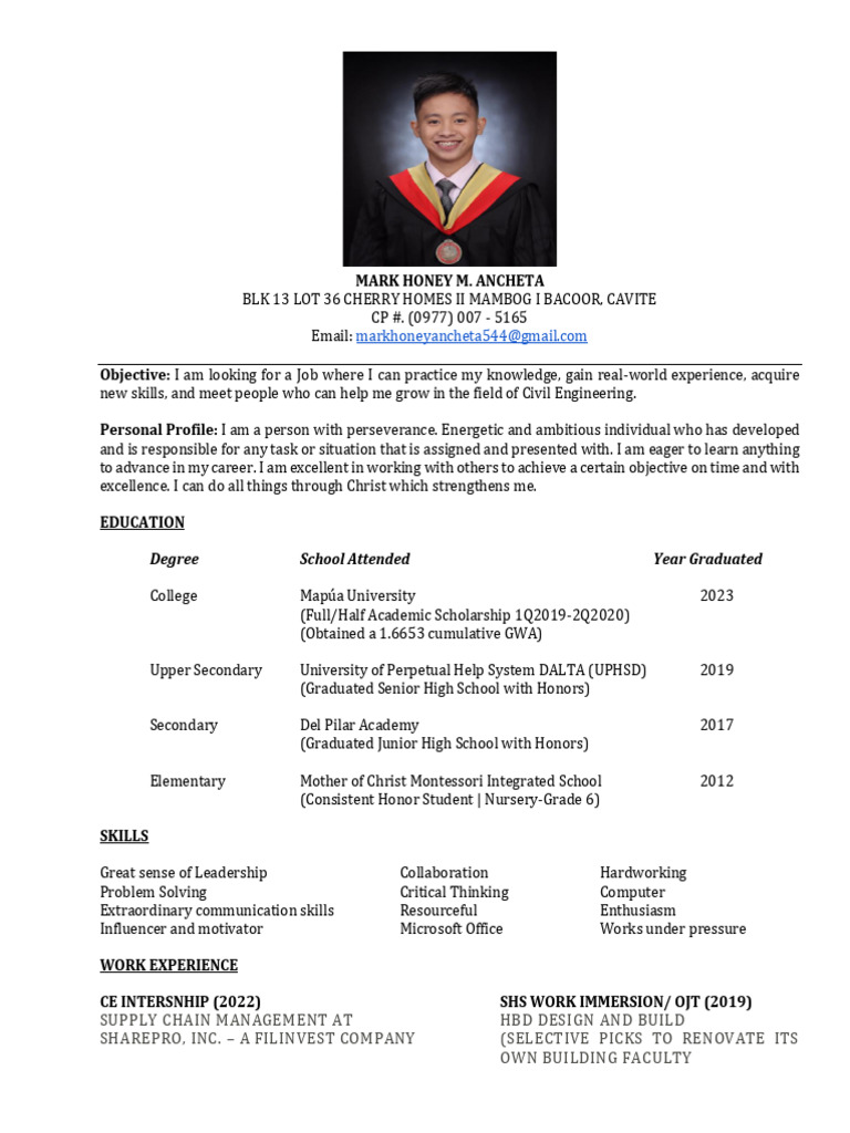 Resume_ancheta, Mark Honey m (1) | PDF | Learning