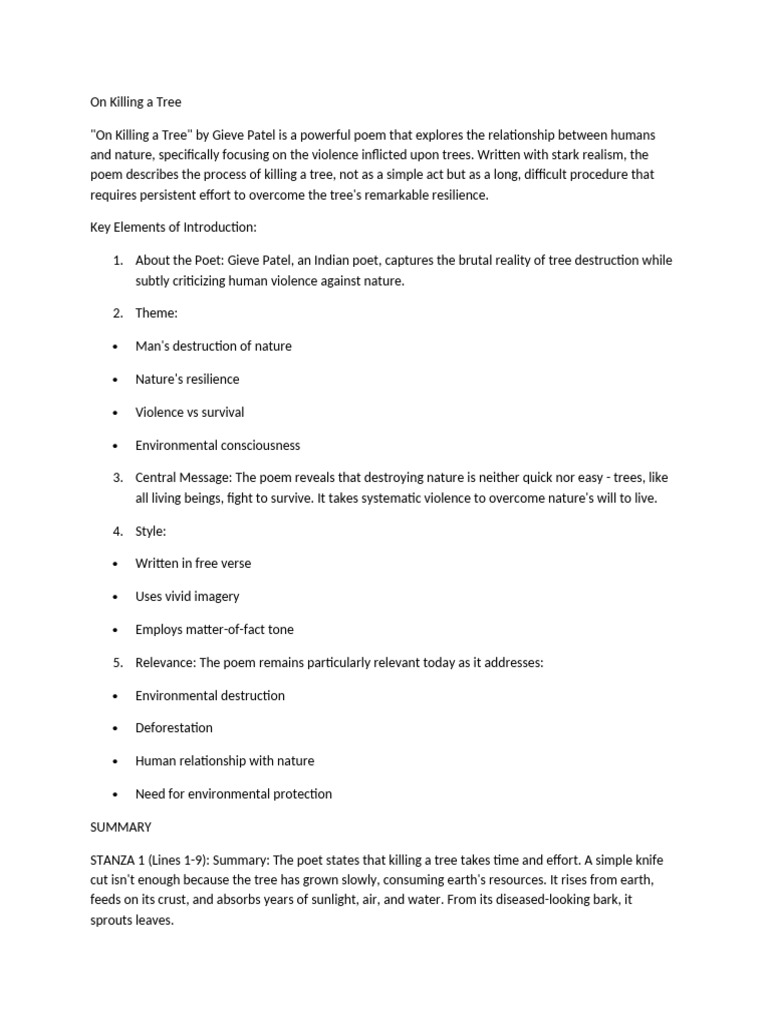 Analyzing Gieve Patel's "On Killing a Tree" | PDF | Trees | Poetry