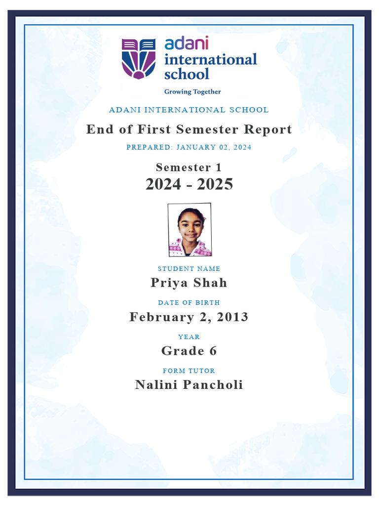 End of First Semester Report Grade 6 Shah Priya 2024-01-02 ADANI1800 ...