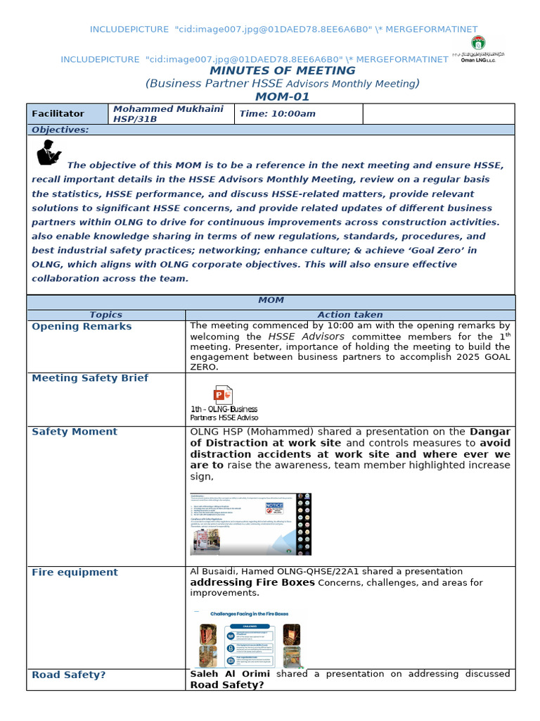 OLNG-Business Partners HSSE Committee Meeting - MOM | PDF | Safety