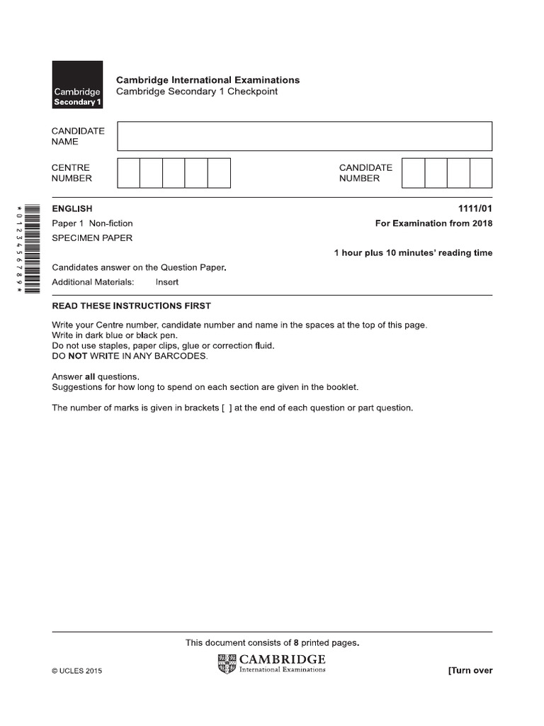 Checkpoint English [0500] - Specimen Paper (2) - Question Paper | PDF