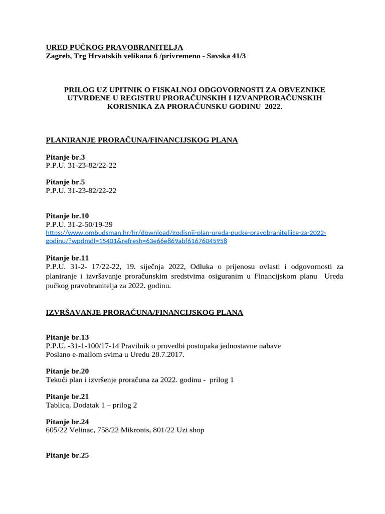 Prilog Uz Upitnik o Fiskalnoj Odgovornosti Za 2022. | PDF