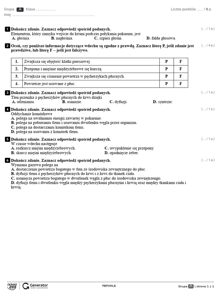 Kartkówka - Układ oddechowy - lekcje 1, 2, 3 Test (z widoczną punktacją ...
