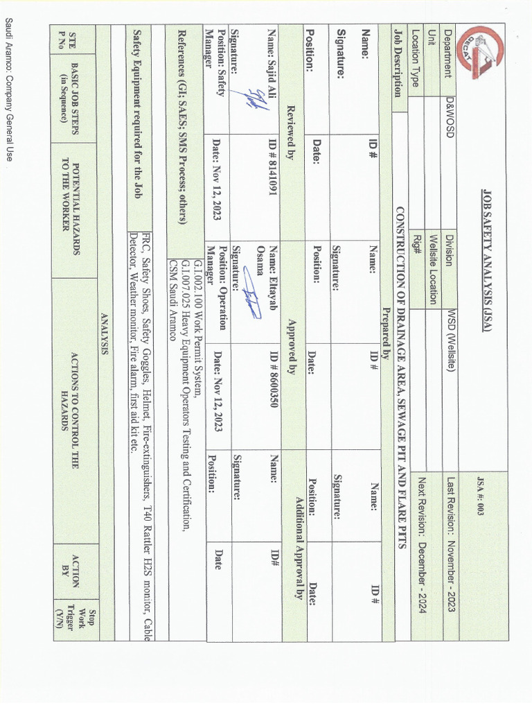 JSA Construction of drainage area, sewage pit and flare pits (2) | PDF