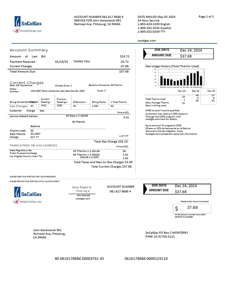 SoCalGas Billing Summary: April-May 2024 | PDF | Fee | Money