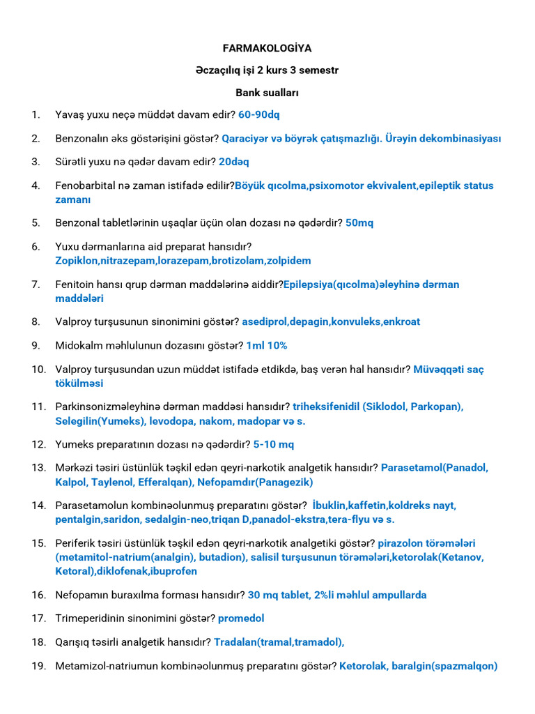 Farmakologiya 2ci Kurs Cavablar | PDF