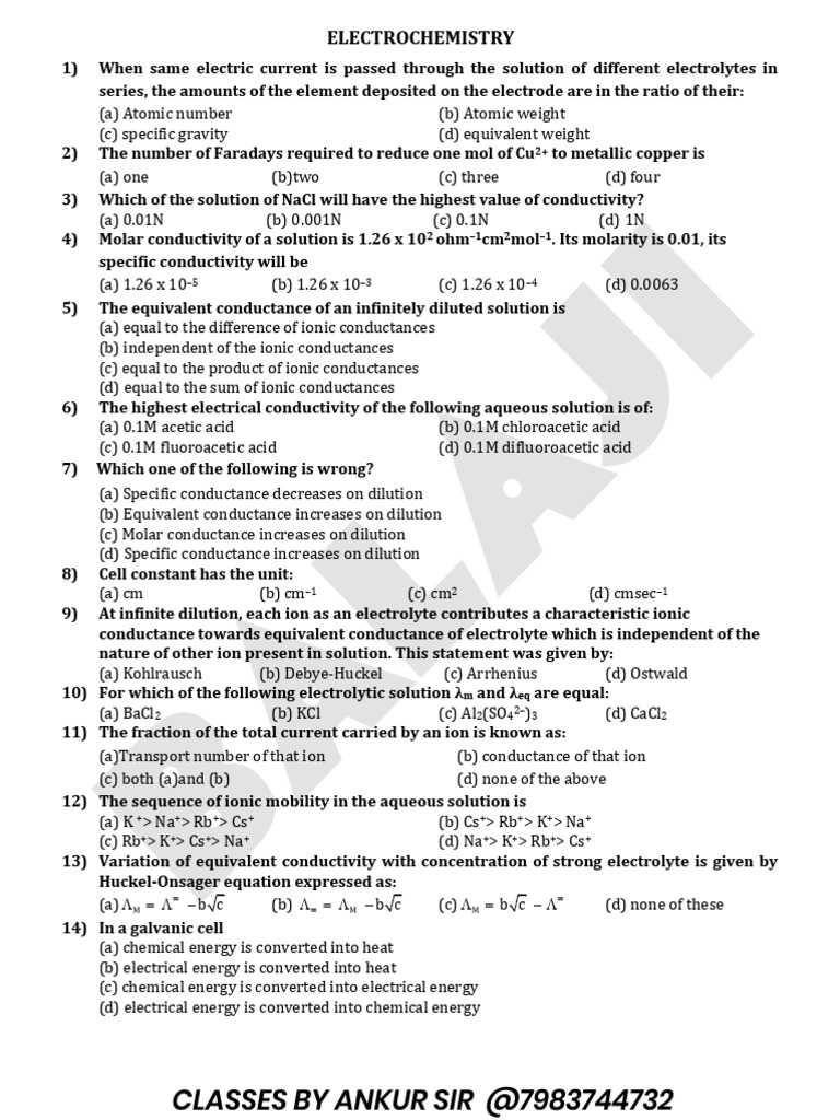 Chemistry MCQ 12 - Electrochemistry | PDF | Electrochemistry | Electrode