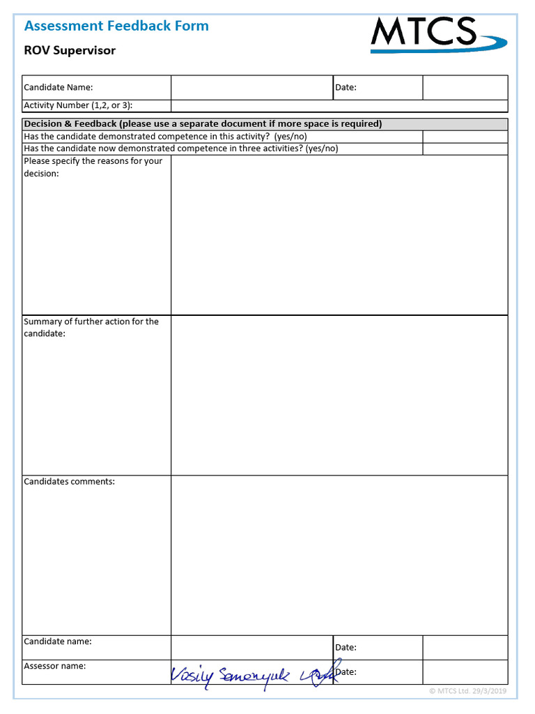 ROV Supervisor Assessment Feedback Form | PDF