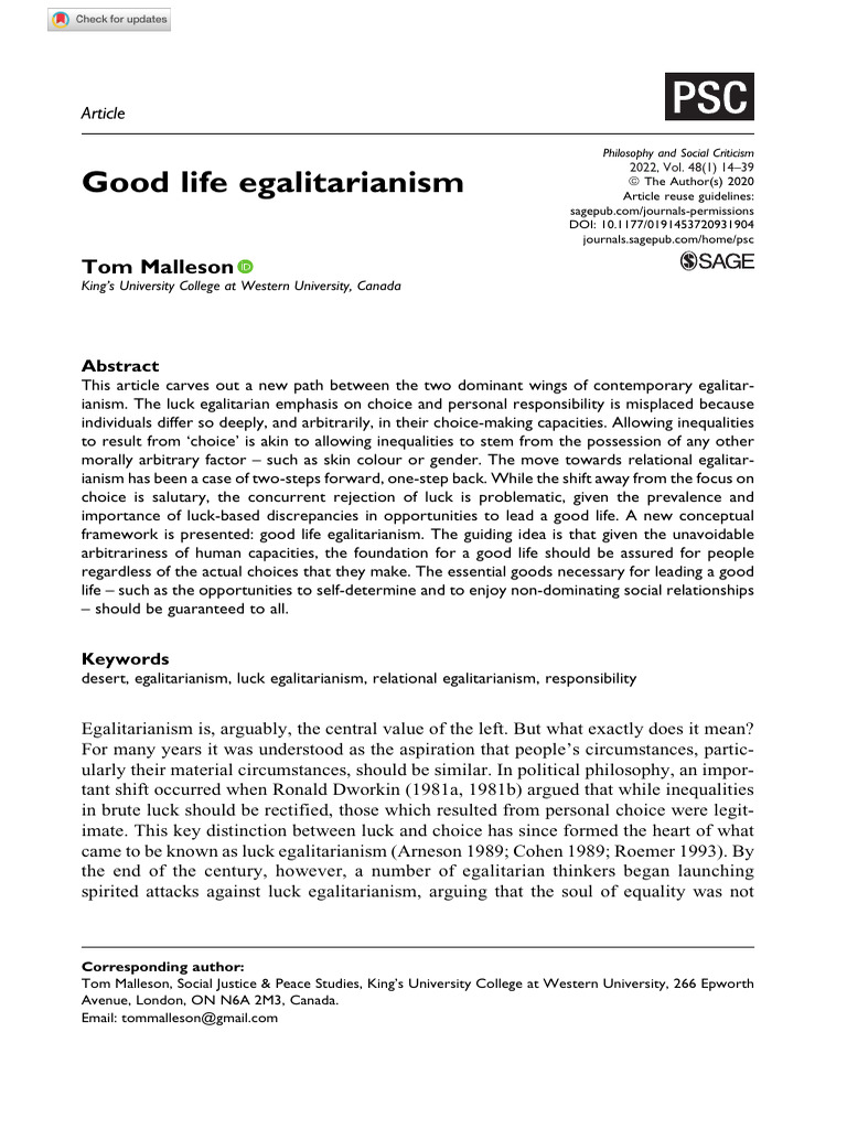 Good Life Egalitarianism Explained | PDF | Egalitarianism | Empathy