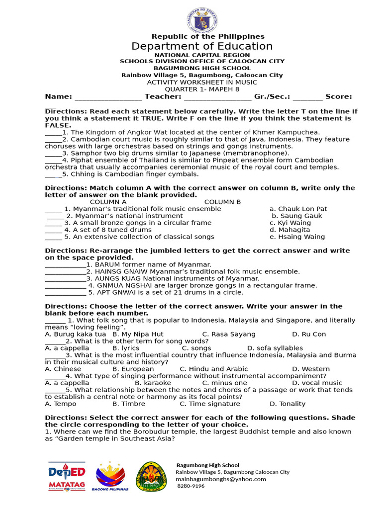 Music Activity Worksheet for MAPEH 8 | PDF | Musical Instruments ...