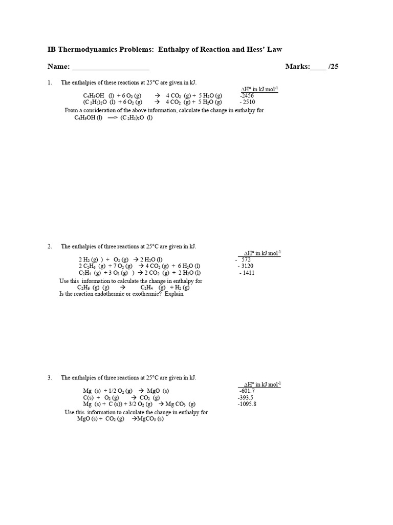 Hess Law HW Problems | PDF | Industrial Processes | Enthalpy