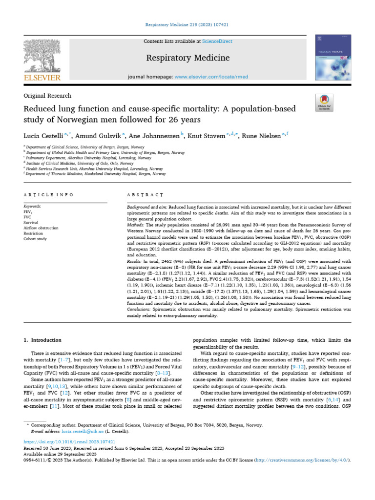 Reduced Lung Function and Cause Specific Mortality | PDF | Lung ...