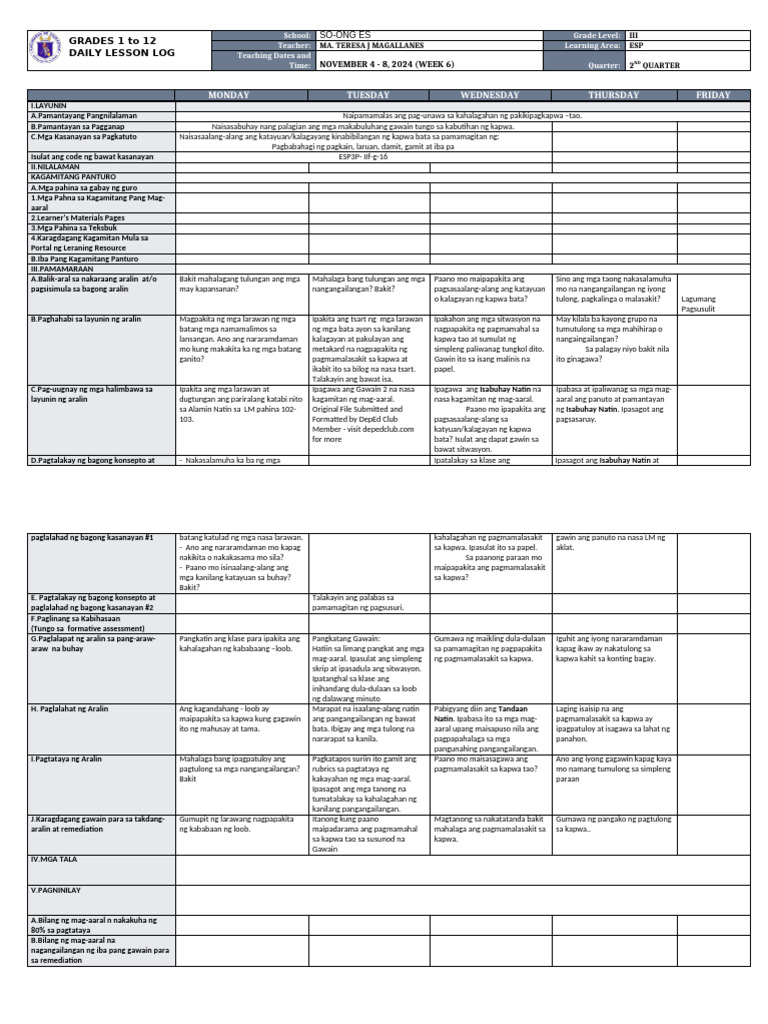 DLL - Esp 3 - Q2 - W6 | PDF
