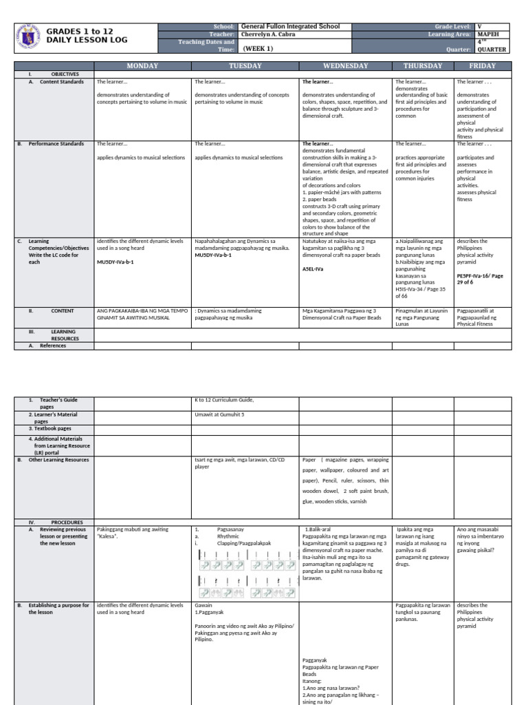 DLL - Mapeh 5 - Q4 - W1 | PDF