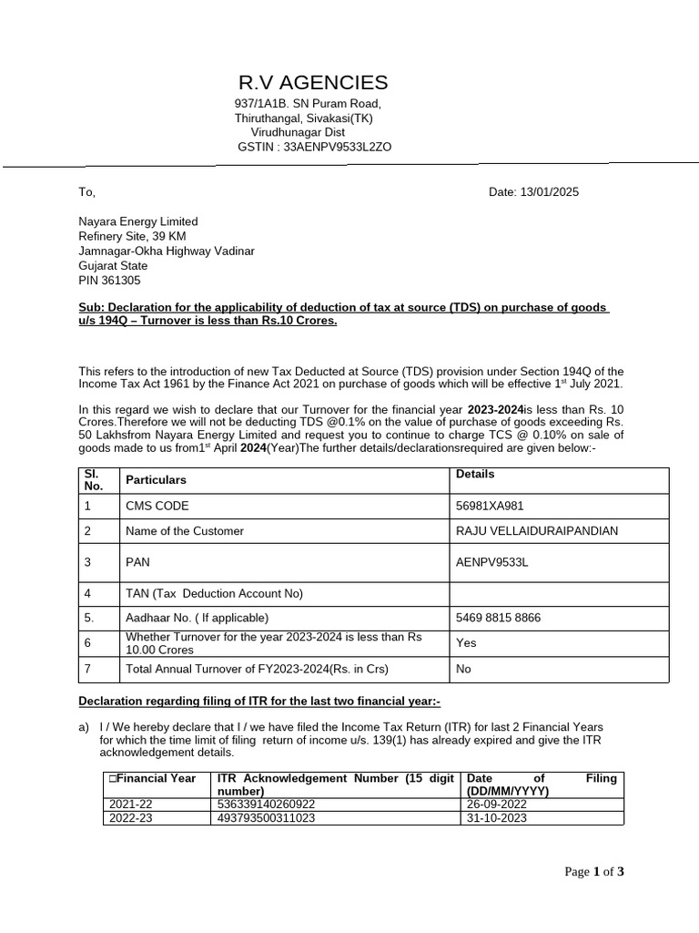 Nayara_TDS 194Q_Customer Declaration_ Less Than Rs.10 Crore | PDF ...