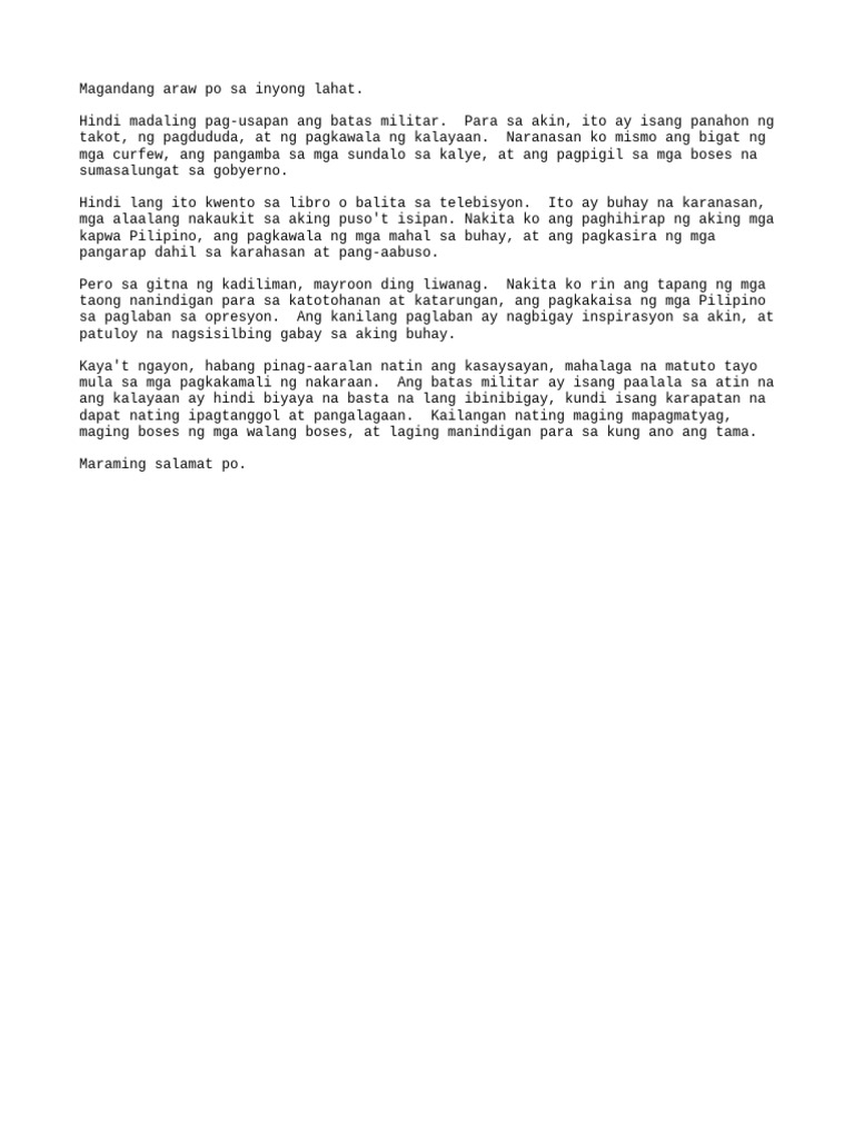 Talumpati Tungkol Sa Batas Militar | PDF