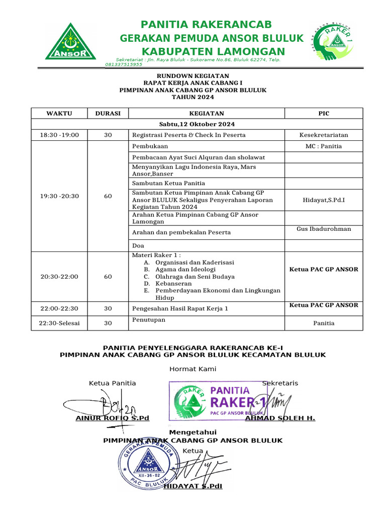 Jadwal Raker 1 PAC GP ANSOR Bluluk | PDF