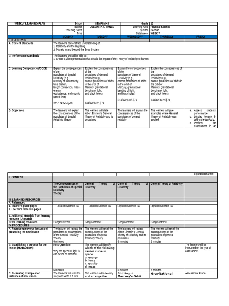 Weekly Physical Science Learning Plan | PDF | General Relativity ...