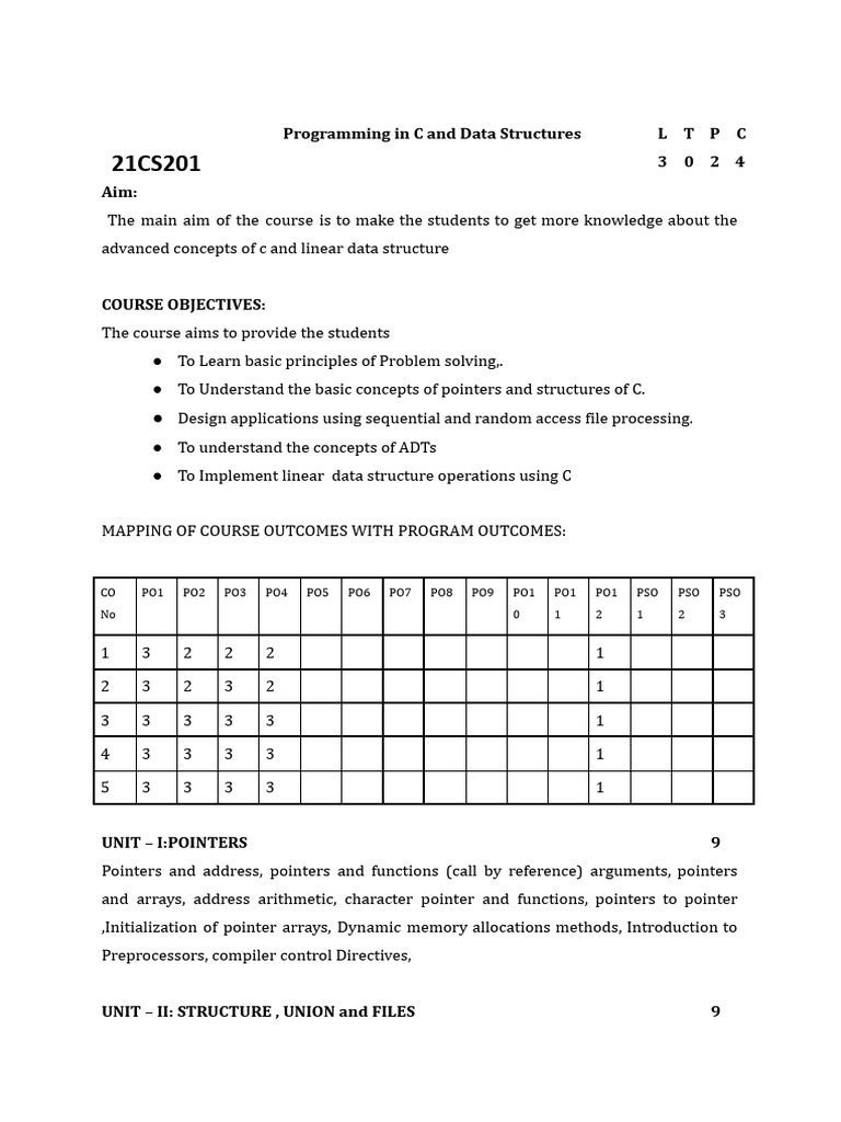 21CS201-PDS Syllabus | PDF | Pointer (Computer Programming) | Data Structure