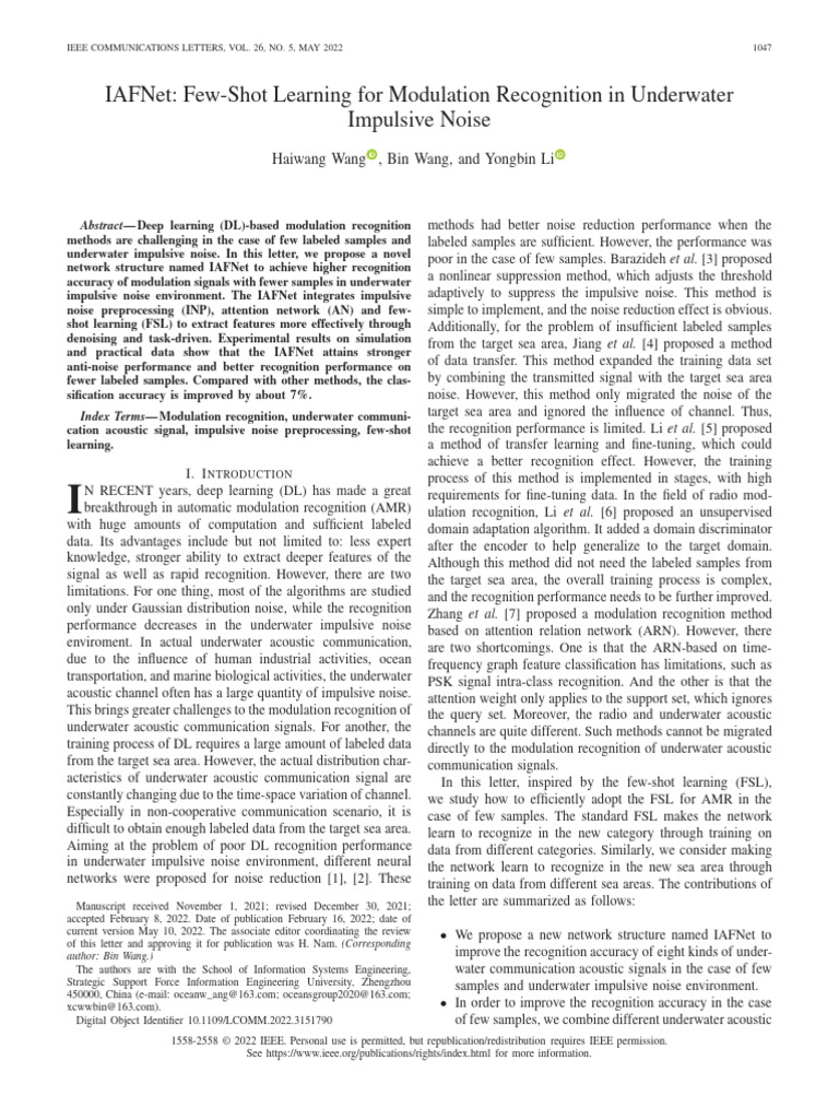 IAFNet Few-Shot Learning For Modulation Recognition in Underwater ...