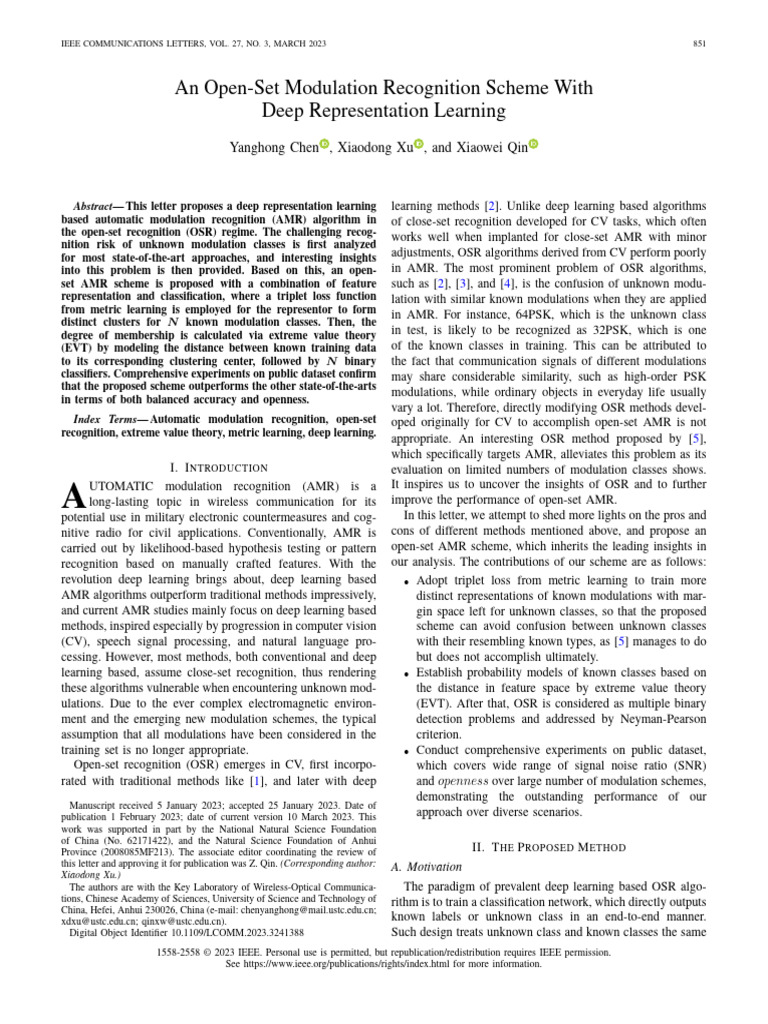 An Open Set Modulation Recognition Scheme With Deep Representation