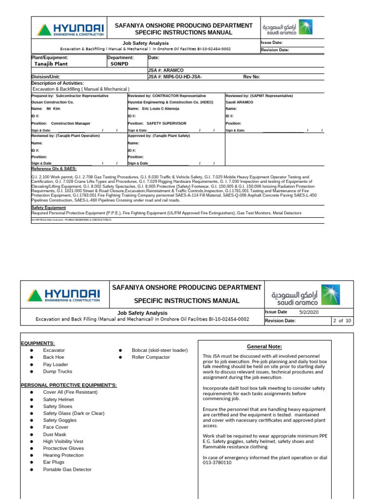 MIP6 GU HD JSA B001 For Plant 'Excavation &backfilling | PDF | Personal ...