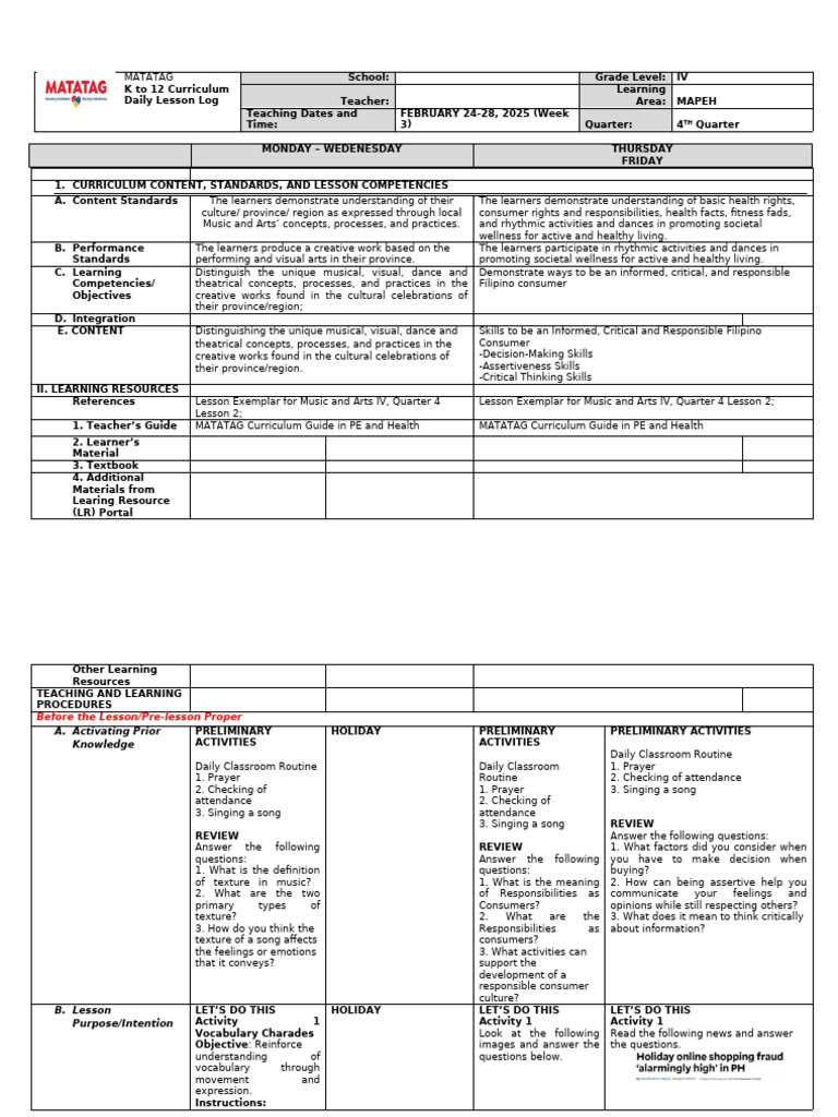 MATATAG DLL WEEK 3 MAPEH G4 q4 | PDF | Critical Thinking | Learning