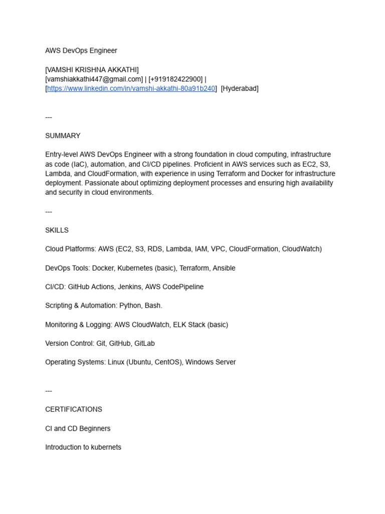 Entry-Level AWS DevOps Engineer Profile | PDF