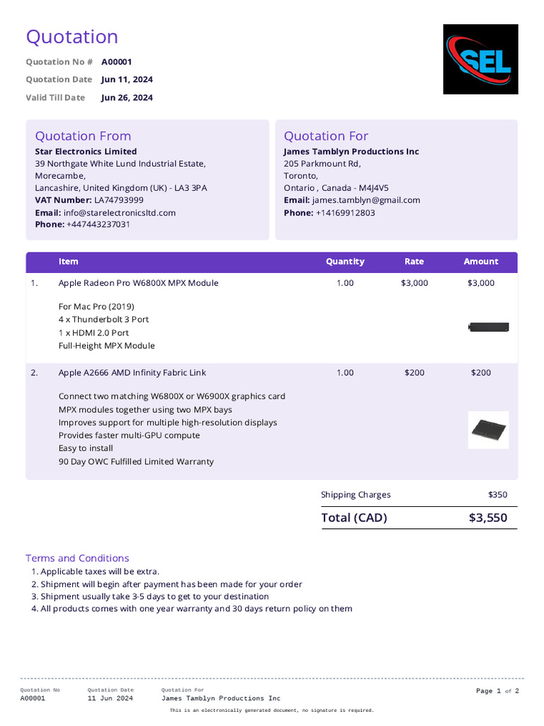 Quotation A00001 Star Electronics Limited James Tamblyn Productions Inc ...