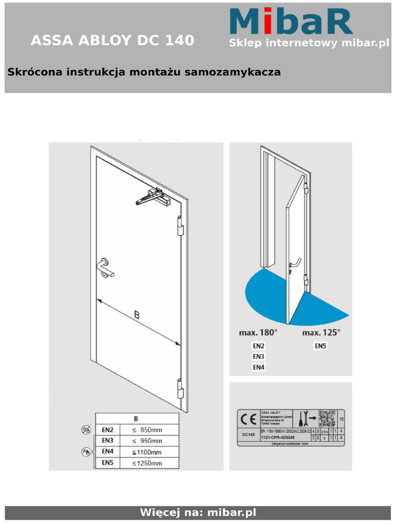 Skrócona instrukcja montażu samozamykacza Assa Abloy DC 140 | PDF