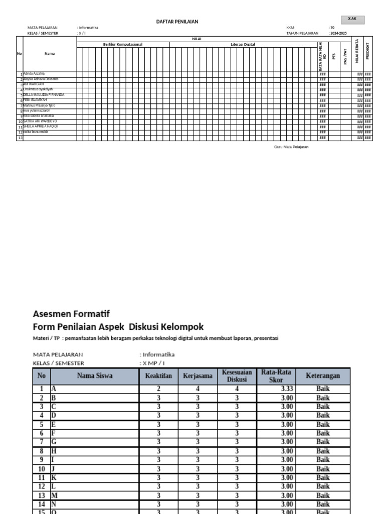 Contoh Daftar Nilai Kurmer | PDF