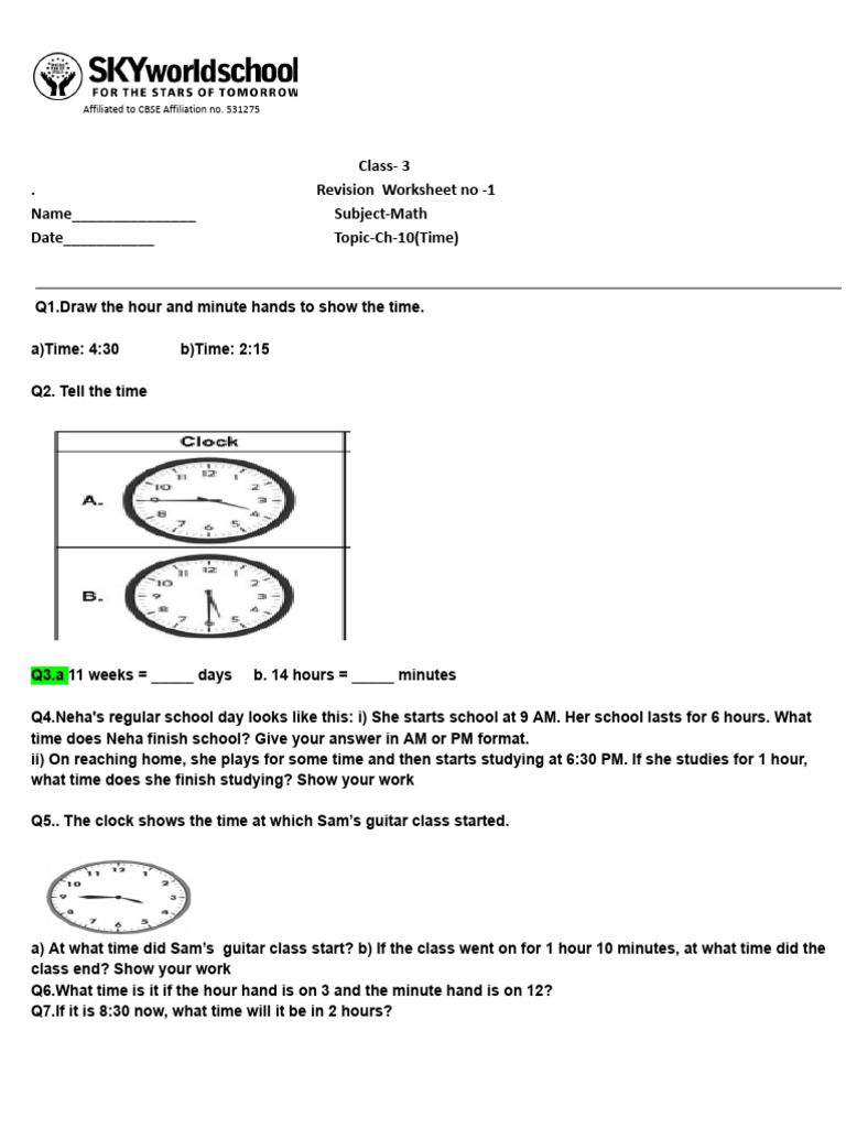 Cl-3 Time Worksheet2 | PDF