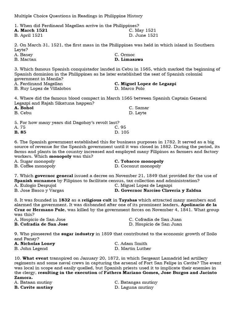 Philippine History Quiz Questions | PDF | Philippines | Philippines ...