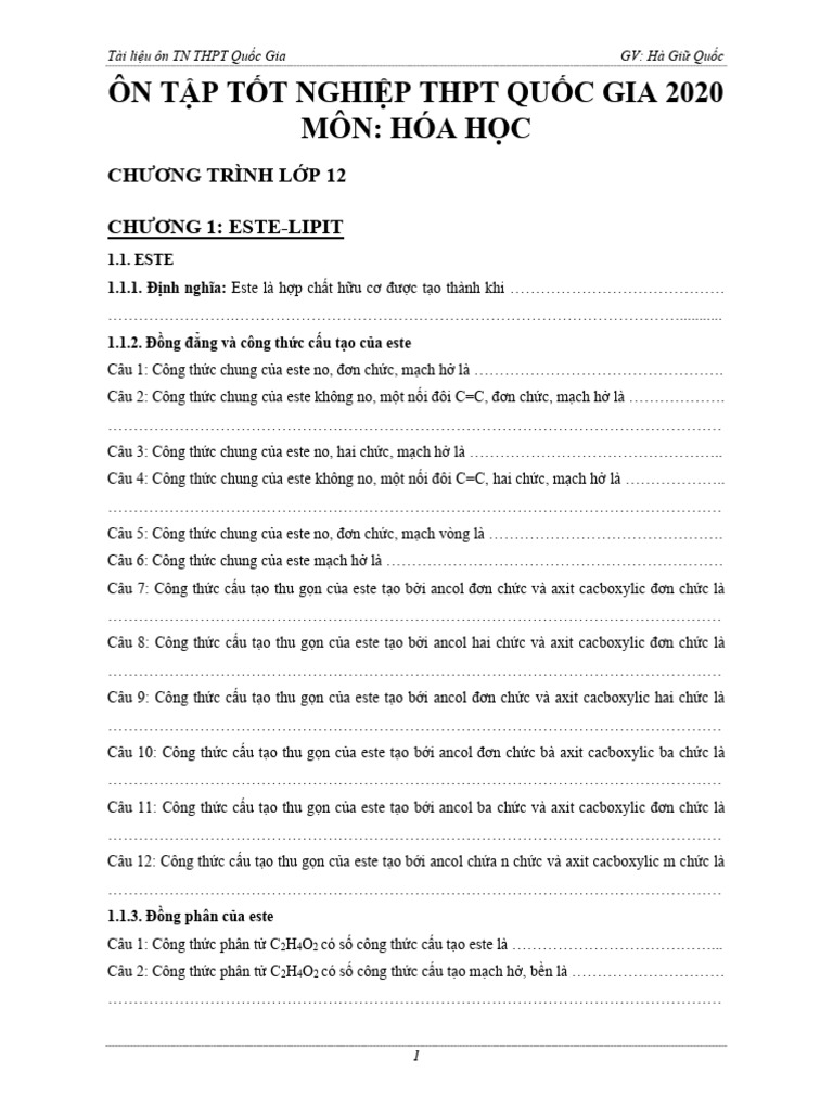 Bai Tap Dien Khuyet on Thi Tot Nghiep Thpt Mon Hoa Hoc Ha Giu Quoc | PDF