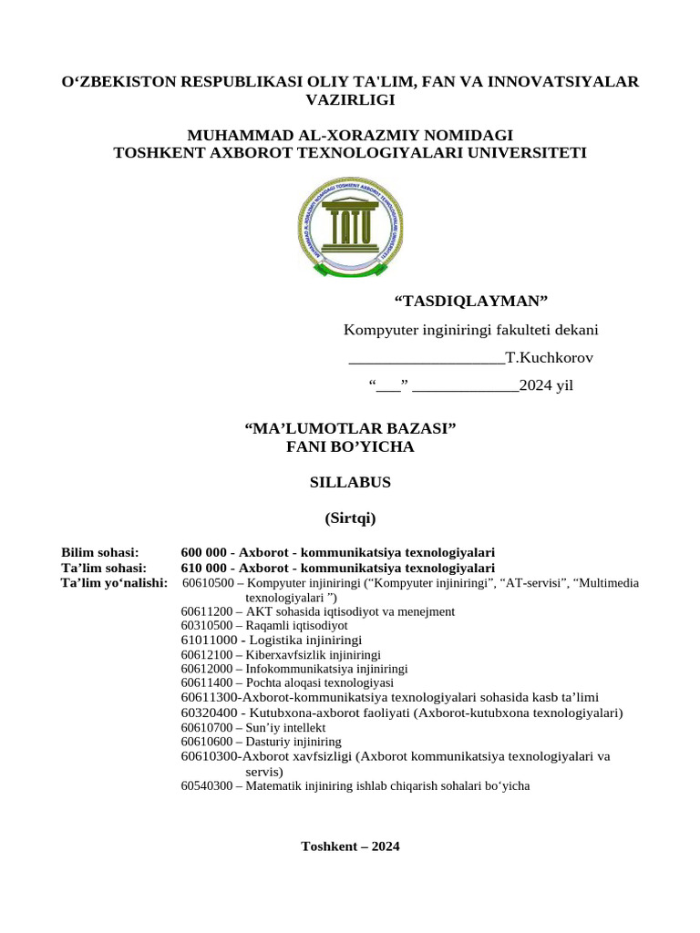 MB Sillabus - Sirtqi - Kuvnakov A.E. MB 2024 - Ver - 01 | PDF