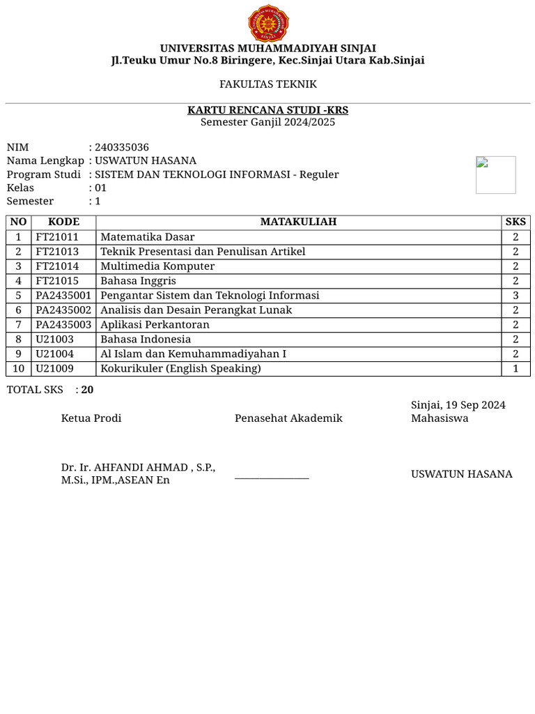 KRS Semester 1 Uswatun Hasana | PDF