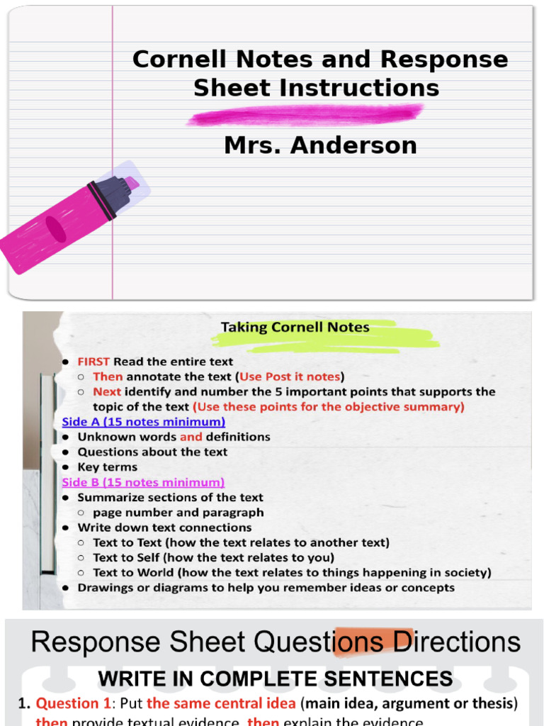Cornell Notes Response Sheet Instructions | PDF