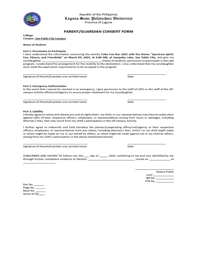 Parent Consent Form Fun Run 2025 | PDF | Civil Law (Legal System) | Justice